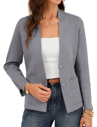 Grace Karin Strickjacke Damen Elegant Langarm V-Ausschnitt Cardigan Damen mit Tasche Business Blazer Bolero Festlich Urlaub Grau XXL