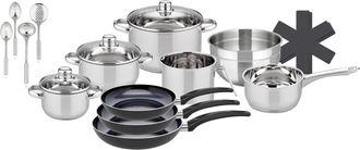 ELO Topfset 15-teilig Galactica, Edelstahl, mit Abgießrand, hitzebeständige Edelstahlhohlgriffe, induktionsgeeignet, Volumenskala, silberfarben