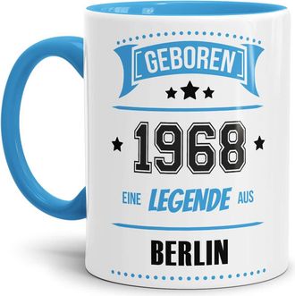 Tassendruck Geburtstags-Tasse Geboren 1968 Eine Legende aus Berlin Innen & Henkel Hellblau/Geschenk/mit Spruch/Mug/Cup/Becher/Qualität Made in Germany