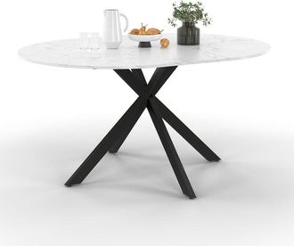 IDMarket Table à manger extensible ronde ALIX 4-8 personnes pied araignée noir plateau effet marbre blanc ALASKA 110-150 cm