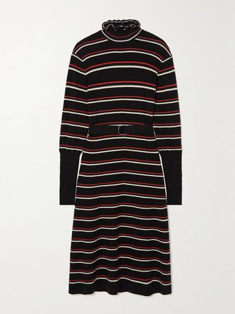 Chlo&eacute; Midikleid Aus Gestreifter Wolle Mit R&uuml;schen Und G&uuml;rtel - Schwarz