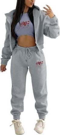 Generic Ensemble de survêtement 3 pièces pour femme - Manches longues - Fermeture éclair - Haut court à capuche et taille haute élastique - Pantalon de joggin