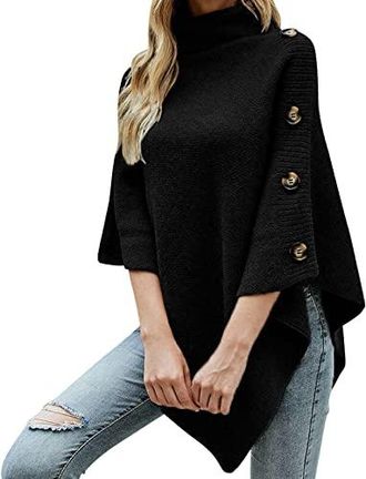 Generic Poncho en tricot pour femme et fille - Col roul&eacute; - Pull en tricot - Poncho en tricot &eacute;pais - Chauve-souris - Pull pour femme - L&eacute;ger - Couleur unie - 