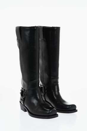 Valentino Kniehohe Bikerstiefel Aus Geb&uuml;rstetem Leder Mit 4cm Absatz Valentino