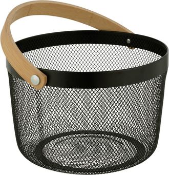 WENKO Badkorb Mod. Bambusa rund eleganter Korb im Industrial-Look zur Aufbewahrung von Utensilien aus Stahl Schwarz und Bambus Maße Ø 25 x 17 cm