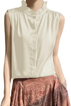 Generic Haut sans manches pour femme - Chemisiers en satin pour femme - D&eacute;bardeur habill&eacute; &agrave; bretelles larges - Haut habill&eacute; avec oreilles en bois champignons 