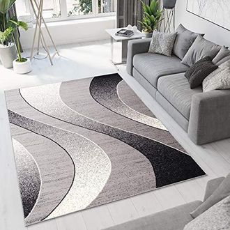 Tapiso Dream Tapis de Salon Chambre Adulte Salle à Manger Bureau Design Moderne Gris Noir Crème Abstrait Motif Ondes Vagues Poil Court Léger Résistant Fin Do