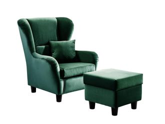 Lifestyle4Living Moderner Ohrensessel mit Hocker - Gro&szlig;e Auswahl an Stoffen und Farben - Gem&uuml;tlicher Designer-Sessel im eleganten Landhaus-Stil, Smaragdgr&uuml;n, Samt