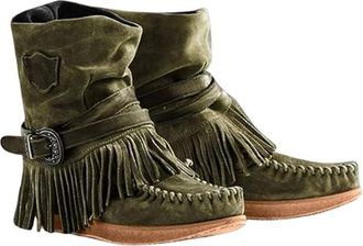 Generic Bottines de cowboy pour femme avec sangle à pompons et lacets en daim chaud pour lhiver - Bottines déquitation mi-mollet à franges en daim occidental 