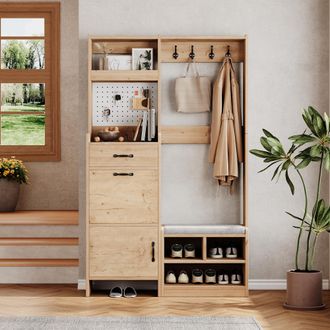 Merax Flurgarderobe Garderobenschrank Flur, Garderobenset mit Schuhbank, Schuhschrank, 4 Kleiderhaken, 1 Schubladen und 2 Türen, 80×35×185cm, Naturholzfarbe