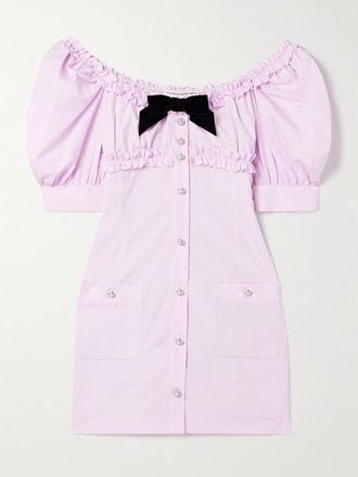 Alessandra Rich Minikleid Aus Baumwollpopeline Mit R&uuml;schen Und Samtbesatz - Pink