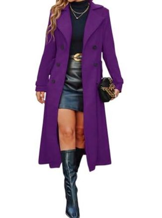 Generic Manteau dhiver en laine à double boutonnage pour femme - Élégant - Coupe ajustée - Trench long - Style décontracté - Manches longues, violet, XXL