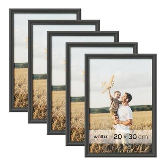 Woltu Lot de 5 Cadre Photo 20x30cm Cadre en Bois Massif avec Passe Partout, Suspendre Horizontalement ou Verticalement, Décoration Murale ou sur Table, Noir