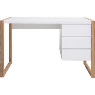 Miliboo Bureau avec rangements 3 tiroirs scandinave blanc mat et bois clair fr&ecirc;ne massif L130 cm ARMEL