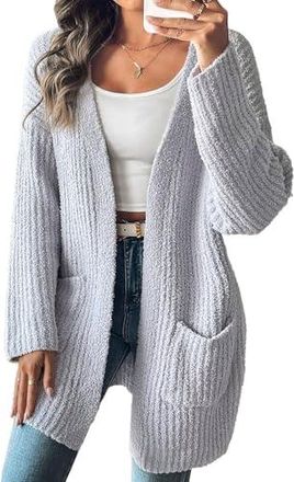 Generic Pull de bureau décontracté ouvert sur le devant en tricot épais avec poches pour femme, gris, XL