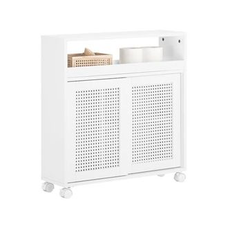 SoBuy Armoire WC Toilettes Compact Roulante, Meuble de Rangement Salle de Bain Étroit sur roulettes, Support Papier Toilette en Bois avec Étagères Réglables
