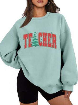 Generic Sweat-shirt de Noël en polaire pour femme, motif arbre de Noël, vacances, vacances, col rond, pull dhiver, vert clair, 3XL