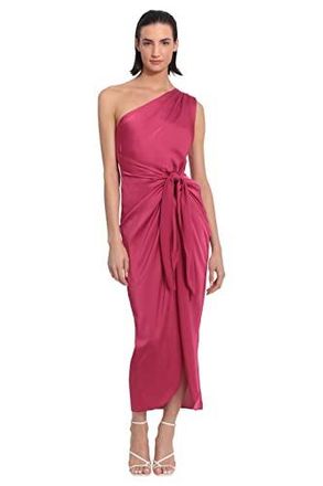 Donna Morgan Womens One Shoulder Faux Wrap Light Charmeuse Maxi with Tie Waist Occasion Event Party Guest of, Vivacious, 10