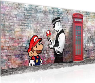 Runa Art Wandbild Super Mario And Cop 1 Teilig 100 x 40 cm Modern Bild auf Vlies Leinwand Graffiti Jugendzimmer Wohnzimmer Grau Bunt 032912b
