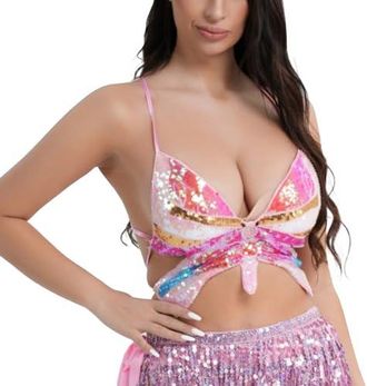 Generic V&ecirc;tements de yoga pour femme avec paillettes et papillons avec col, Or rose, taille unique