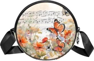 Generic Sac &agrave; bandouli&egrave;re rond pour femme, motif notes de musique florales, petit sac &agrave; dos &agrave; bandouli&egrave;re avec fermeture &eacute;clair, bretelles r&eacute;glables, sac &agrave; ma