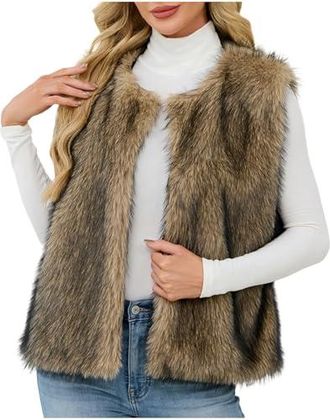 Generic Gilets en fausse fourrure pour femme - Gilet moelleux sans manches, col rond, ouvert sur le devant, gilet thermique en polaire, veste dhiver légère, c