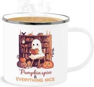 Shirtracer Emaille Becher Blechbecher - Tassen - Pumpkin Spice | Herbstliches Halloween Motiv | Herbst | Autumn - 300 ml - Weiß Silber - tasse haloween outfits h