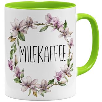 OM3 witzige Milfkaffee Milf Kaffee-Tasse mit Spruch - blumig Bl&uuml;mchen - Keramik Becher - 325ml - Beidseitig Bedruckt - Hellgr&uuml;n