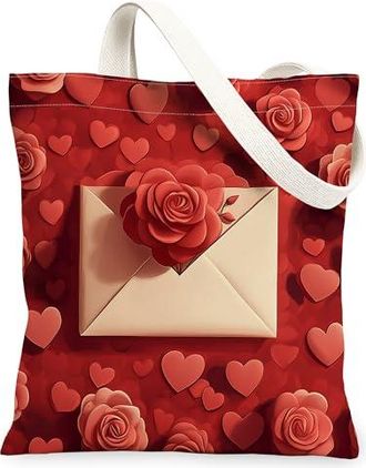 Generic Sac fourre-tout en toile r&eacute;utilisable pour la Saint-Valentin Motif floral rose 33 x 38 cm, rouge romantique amour pour femme, peinture esth&eacute;tique de v