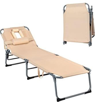 Giantex Chaise Longue Pliante avec Trou de Lecture, Transat Bain de Soleil Inclinable Ergonomie Oreiller Amovible 5 Positions R&eacute;glables, Transat de Jardin pou