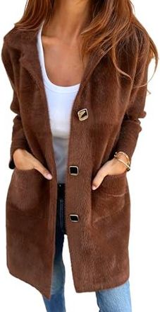 Generic Long Wool Winter Coats for Women Winter Double Sided Fleece Trench Coat Notch Lapel Mid Long Peacoat Outwear Coffee 3X Large