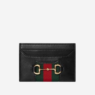 Gucci Womens Horsebit Web Card Holder Black Leather Wallets & Purses