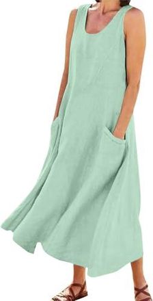 Generic Robe Longue Femme Lin en Coton Col Rond Ete Grande Taille Maxi Robe Fluide Chic et Elegant Lâche Couleur Unie avec Poches Robes de Vacances à la Plage