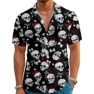 Generic Chemises hawa&iuml;ennes &agrave; motif t&ecirc;te de mort pour homme - Imprim&eacute; squelette - Chemise de Saint-Valentin &agrave; manches courtes boutonn&eacute;es &agrave; revers - Hauts d&eacute;t&eacute;