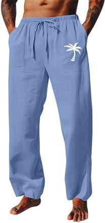 Generic Pantalon d&eacute;t&eacute; en lin respirant pour homme - Pantalon de plage blanc - Coupe ajust&eacute;e - Taille &eacute;lastique - Pantalon de jogging pour homme - Pantalon de 