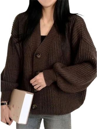 Generic Pull r&eacute;tro polyvalent &agrave; col en V pour femme - Couleur unie - Manches longues - Col en V - Boutonn&eacute;, Brun, XL