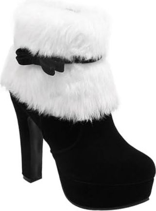IFUNDOM Bottines de No&euml;l Femme &agrave; Talons Hauts en Peluche Bottes Courtes Noires Taille 39 Semelle Antid&eacute;rapante Caoutchouc Fermeture &Eacute;clair Lat&eacute;rale et Noeud D