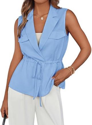 Grace Karin Gilet dété sans manches cintré pour femme - Style décontracté - Avec cordon de serrage, bleu ciel, XXL