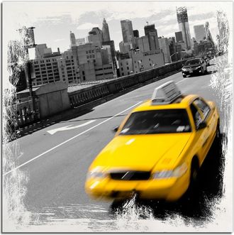 Wallario Wandbild aus Holz New York Yellow Taxi II - 40 x 40 cm in Premium-Qualität: Brillante Farben
