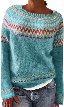 Onsoyours Y2K Pull Femme Manche Longue Oversize Tee Tops Pullover Sweatshirt Col en V Mode Vintage Motif Losanges Pull en Tricot D07 Bleu L