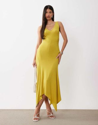 Asos Weiches anschmiegsames Midikleid in Chartreuse mit V-Ausschnitt und Zipfelsaum-Gr&uuml;n