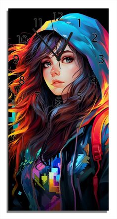 Wallario Design-Wanduhr, Acrylglasuhr Größe 30 x 60 cm, Schwarze Zeiger, Motiv Cyberpunk-Mädchen
