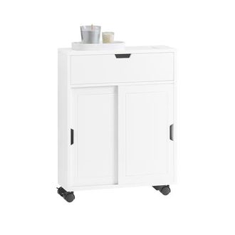 SoBuy Armoire de Salle de Bain Étroit avec roulettes - Meuble de Salle de Bain avec Portes Coulissantes - Polyvalente Armoire de Côté pour Petits Espaces, 5