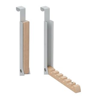 Relaxdays T&uuml;rgarderobe klappbar 2er Set, zum Einh&auml;ngen, T&uuml;rhaken 6 Kleiderb&uuml;gel, Metall & Holz, f&uuml;r 2 cm T&uuml;rfalz, grau