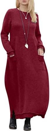 Onsoyours Femmes Pull Robe Col Rond Solide Couleur Chandail À Manches Longues Lâche Pullover Maxi Dress Long Hiver Robe Tunique avec Poches Style Vin Rouge XXL