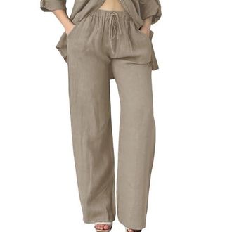 Generic Pantalon Fluide Femme,Womens Daily Elastic Waist Pockets Straight Solid Color Casual Pants Loose Long Trousers Short Boxe Fille (Khaki, XXXXXL)