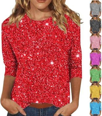 Generic Haut à paillettes pour femme - Élégant - Chemisier sexy col en V - T-shirt décontracté à manches longues - Rétro - Carnaval - T-shirt ample - Tunique 