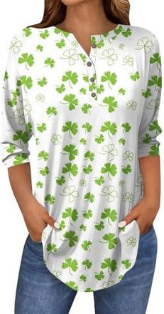 Generic Chandails d&eacute;contract&eacute;s &agrave; col rond pour femme - Chemises &agrave; manches 3/4 - Haut de printemps et de St Day - Chemisier &agrave; col rond - V&ecirc;tements courts, Vert