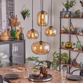 HOFSTEIN H&auml;ngeleuchte Apedo, 4-flammige H&auml;ngelampe aus Metall/Glas in Schwarz/Bernstein, Retro/Vintage-Design (&Oslash; 20, 30cm), E27, Pendelleuchte verstellbar bis 