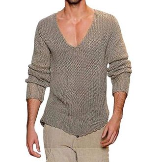 Generic Pull doux en tricot de laine &agrave; col en V pour homme, gris, XXL
